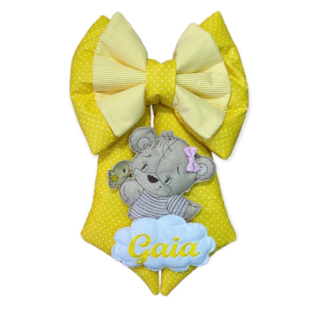 Yellow Birth Bow With Teddy Bear - Baby Girl or Boy Birth Rosette With ...