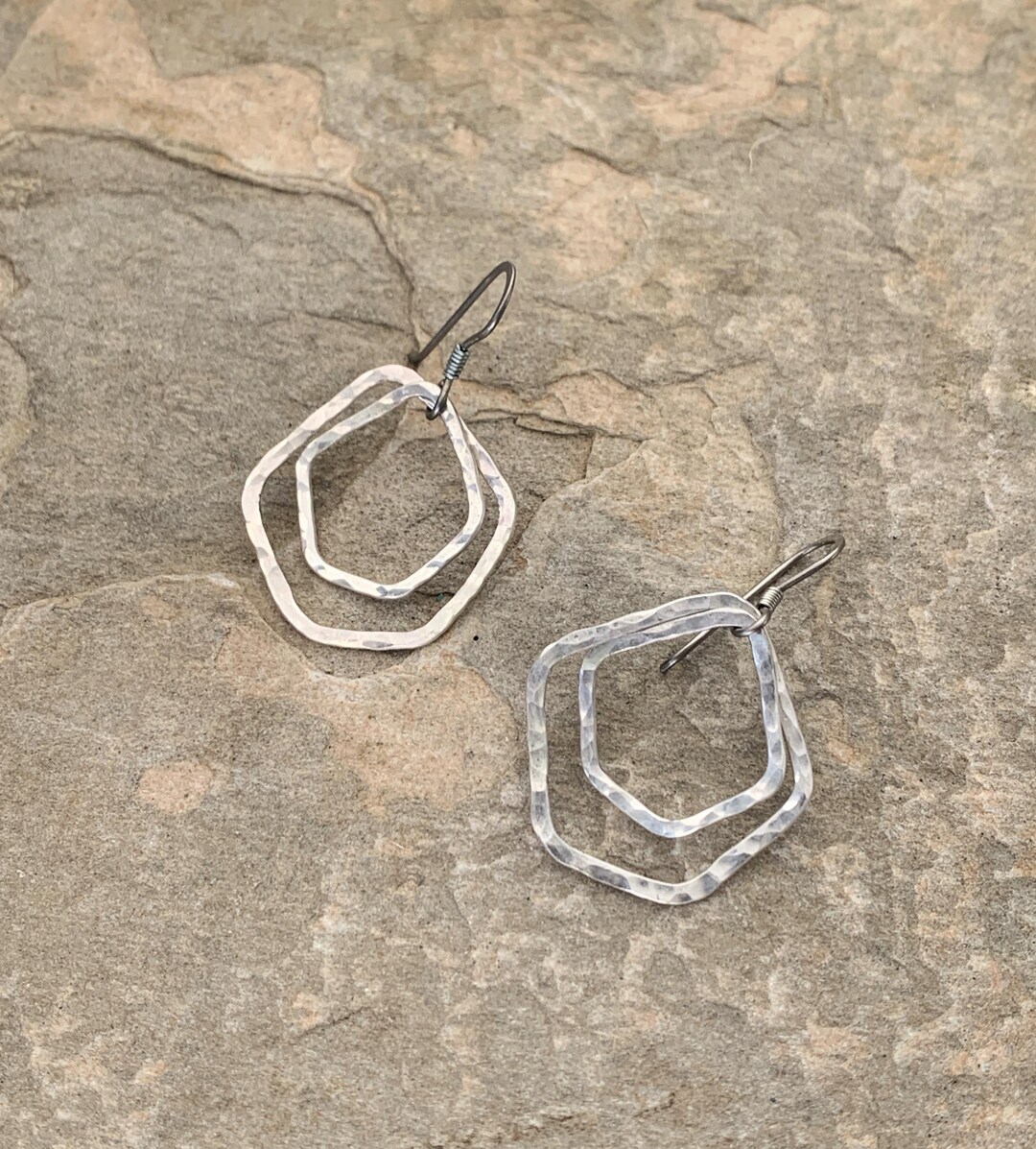 Hammered Sterling Silver Pentagon Drop Earrings, Geometric Hoops - Etsy