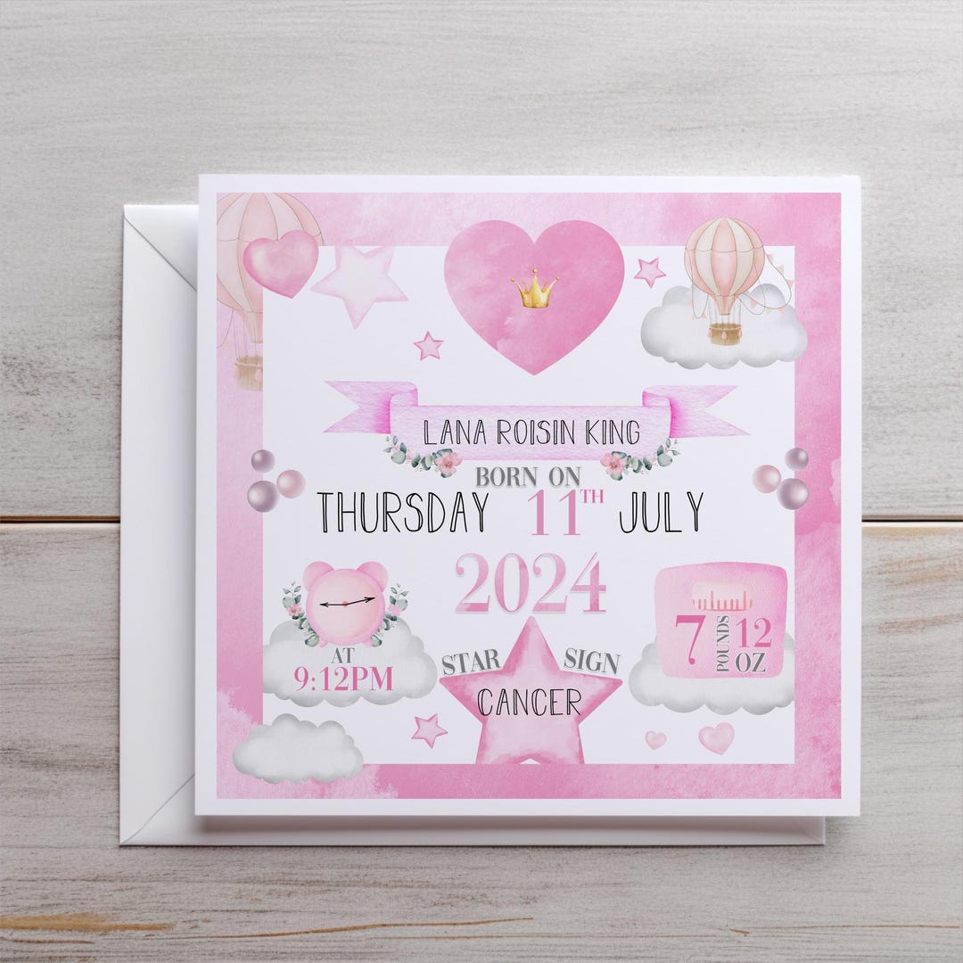 Custom Baby Girl Birth Card * Baby Girl Birth Card * Personalised Card ...