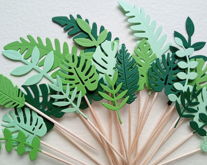 Large Pack Mixed Jungle Theme Leaves Cupcake Toppers Safari Green Food ...