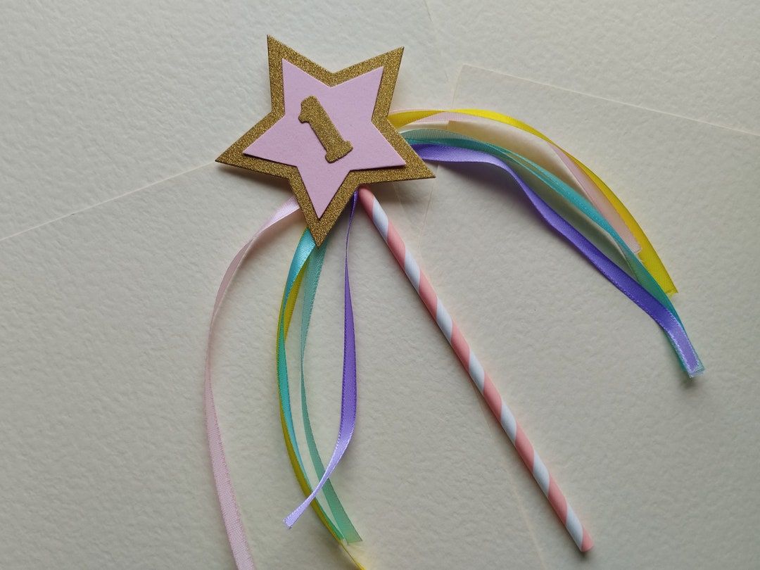 Star Wand Cake Topper 1st Birthday Pastel Rainbow Theme Name Bunting ...