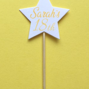 Personalised White Star Birthday Cupcake Toppers Decor Girls Food Picks ...