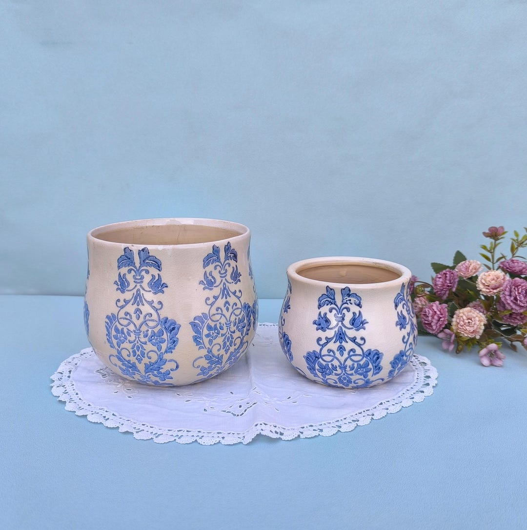 Delft Blue Ceramic Plant Pots, Floral Chinoiserie Pot for Indoor ...