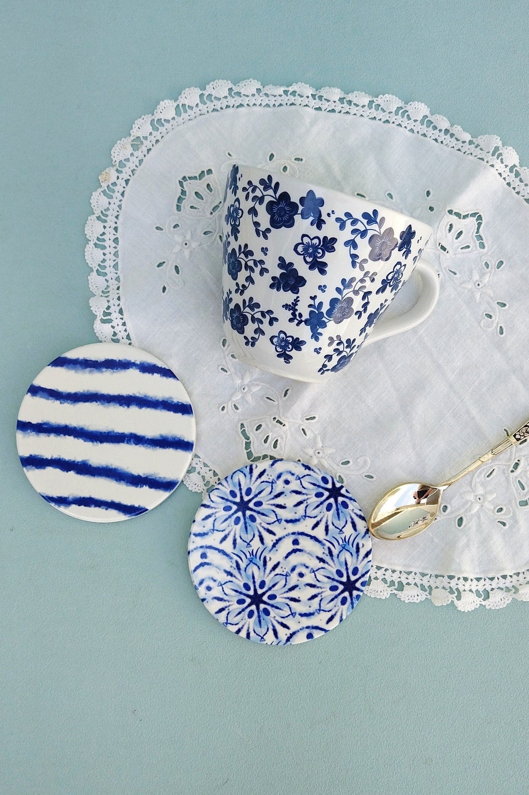 Ceramic Blue and White Drink Coasters, Moroccan Tiles Inspired Round ...