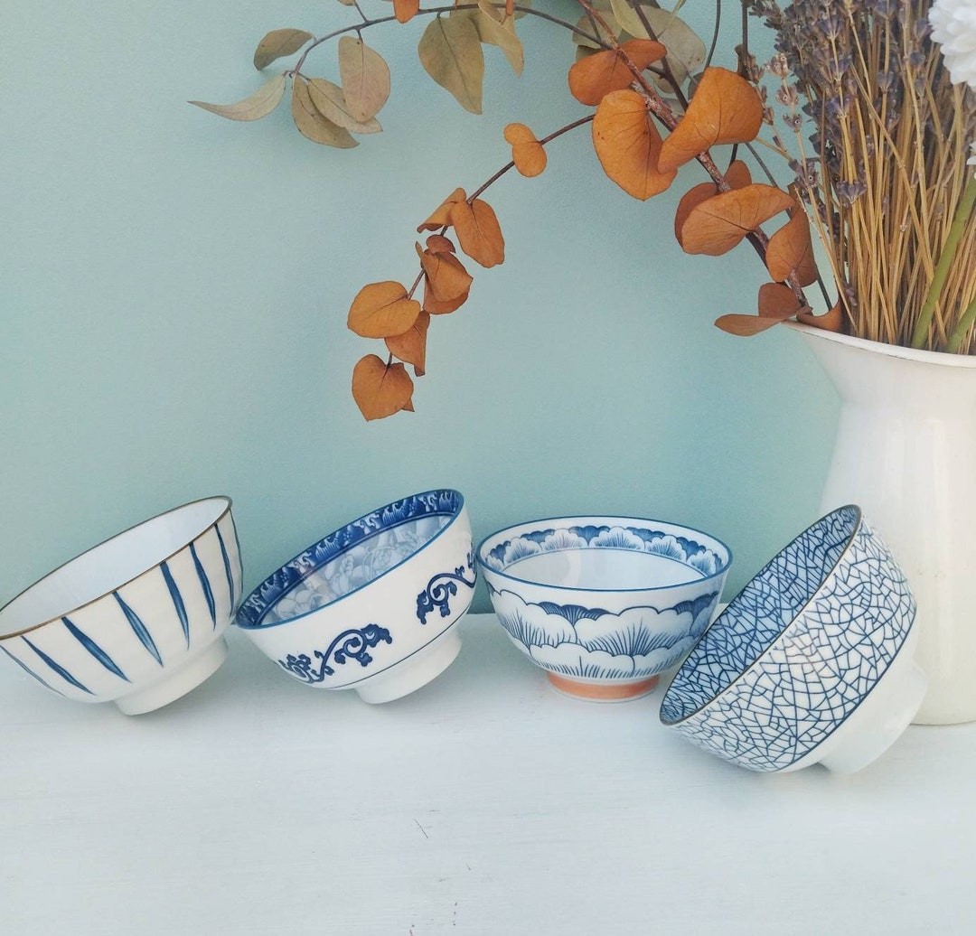 Set of 4 Chinoiserie Bowls, Small Ramen Porcelain Bowl, Handmade Asian ...
