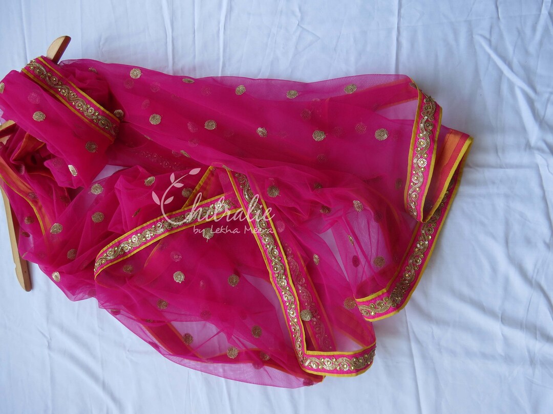 Hot Pink Gold Sequins Embroidered Net Dupatta Chunni Stole Scarves for ...