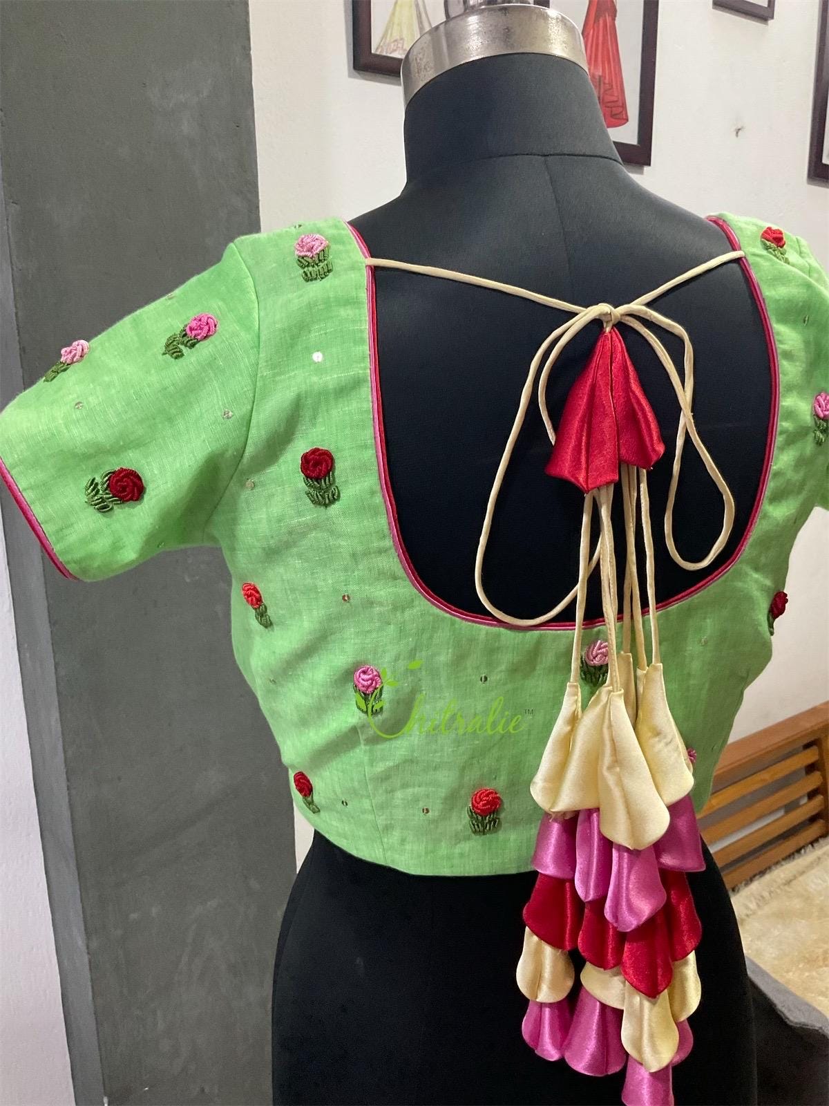 Mint Green Floral Design Cotton Blouse With Multy Color Tassels - Etsy