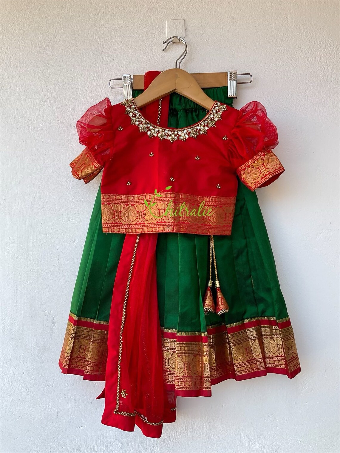 Red and Green Kanchipuram Pattu Pavadai for Festivals/ Southindian Kids ...