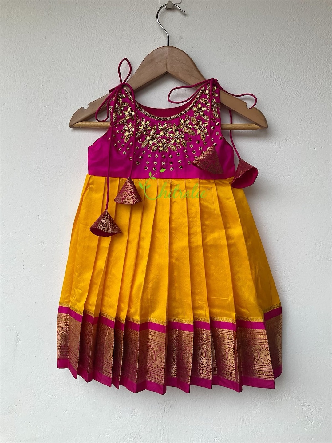 Hot Pink and Golden Yellow Maggam Work Toddler’s Knot Frock - Etsy