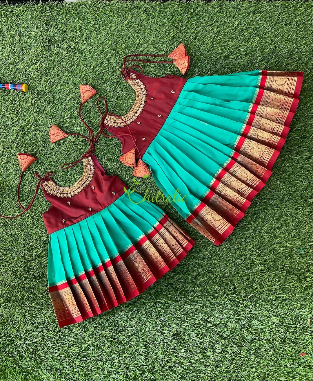 Aqua Green and Maroon Maggam Work Silk Frock for Toddlers Cradle ...