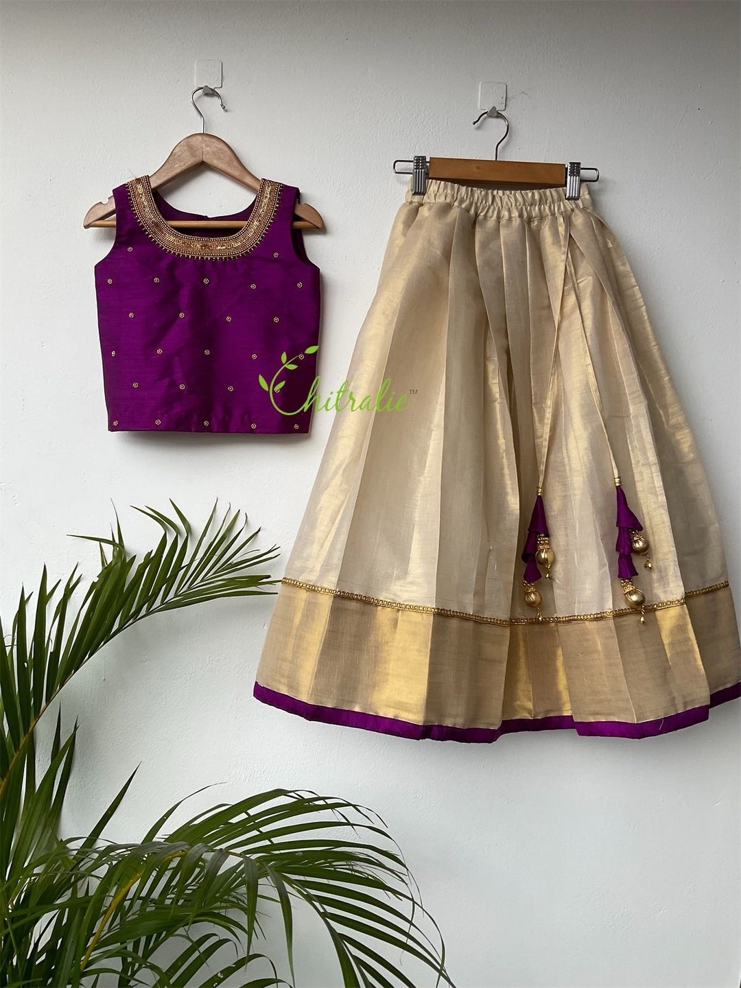 Girls Kerala Gold Tissue Skirt Set: Purple Rawsilk Top, Festive Dress ...