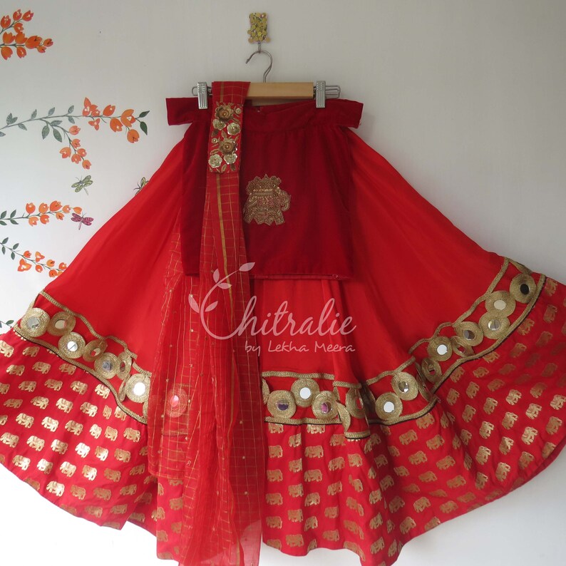 Girls Elephant Boarder Red Lehenga With off Shoulder Choli/ | Etsy