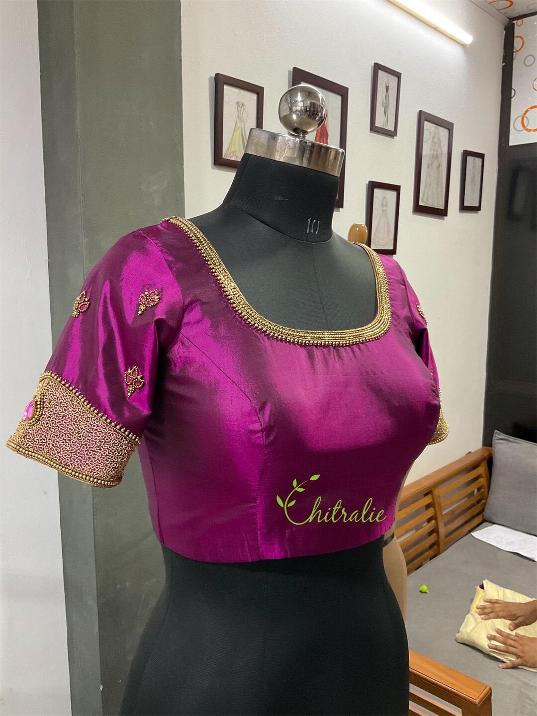 Made to Order Purple Indian Designer Embroidered Deep U Neck Saree ...
