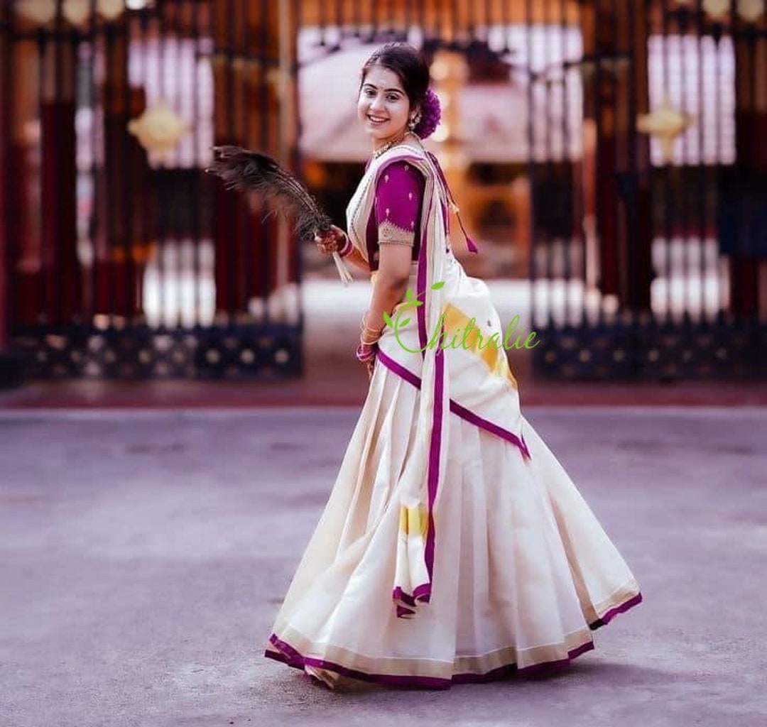 Traditional Kerala Gold Kasavu Tissue Dhavani With Purple Blouse ...