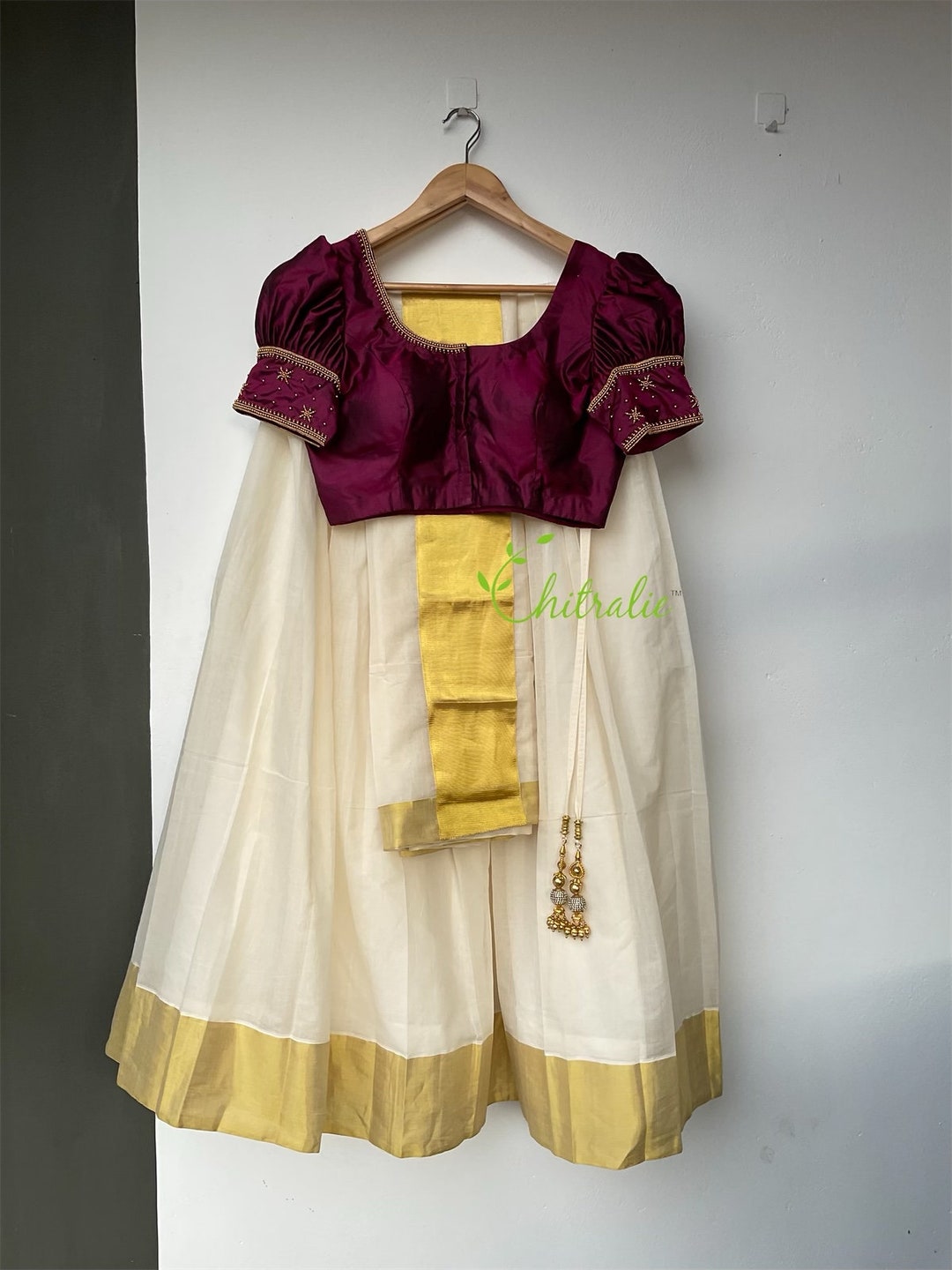 Original Balaramapuram Handloom Gold Kasavu Skirt and Dhavani With Pure ...