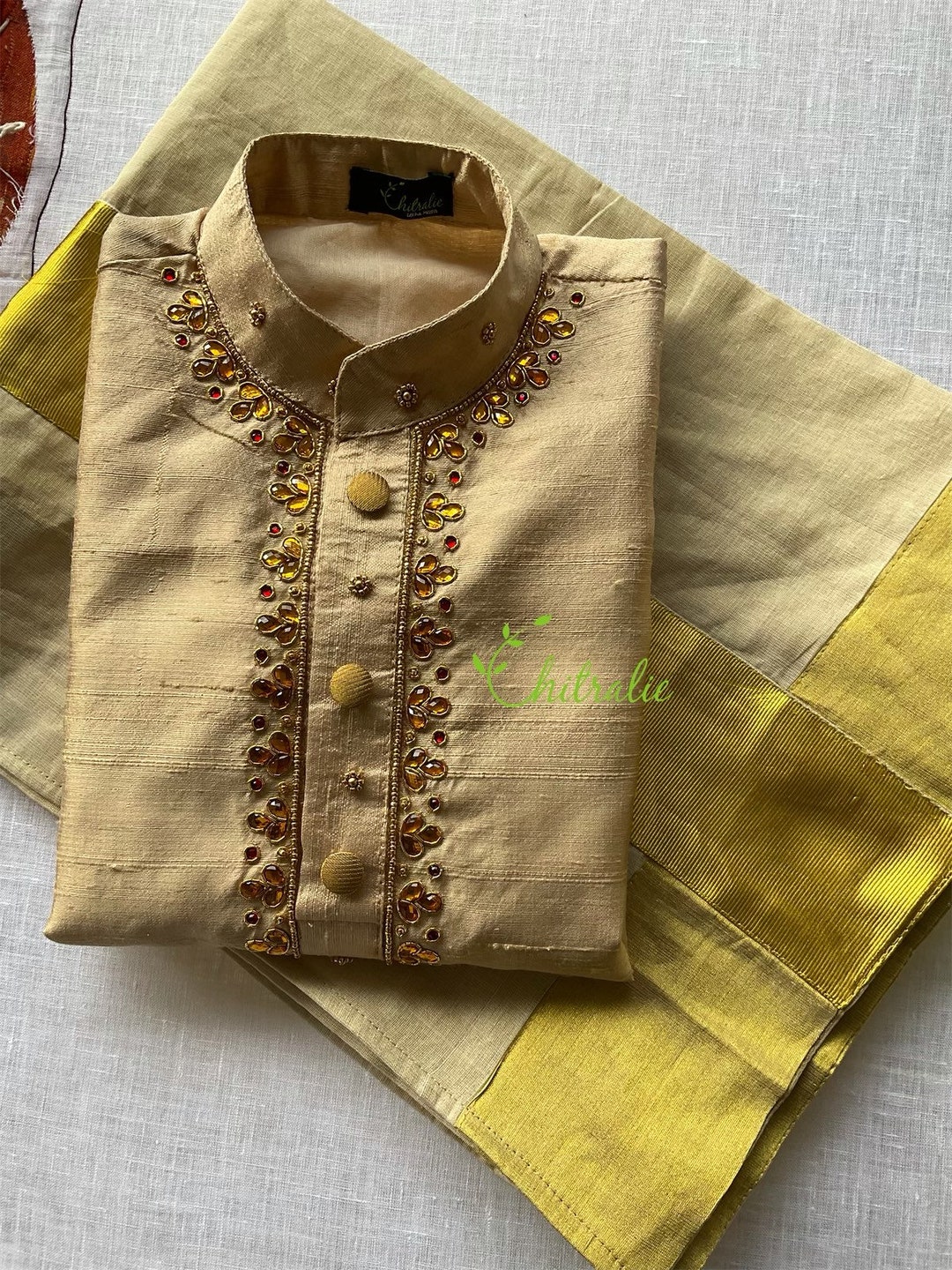 Boys Raw Silk Kurta and Mundu Set: Kerala Handloom Kasavu, Onam Dress ...
