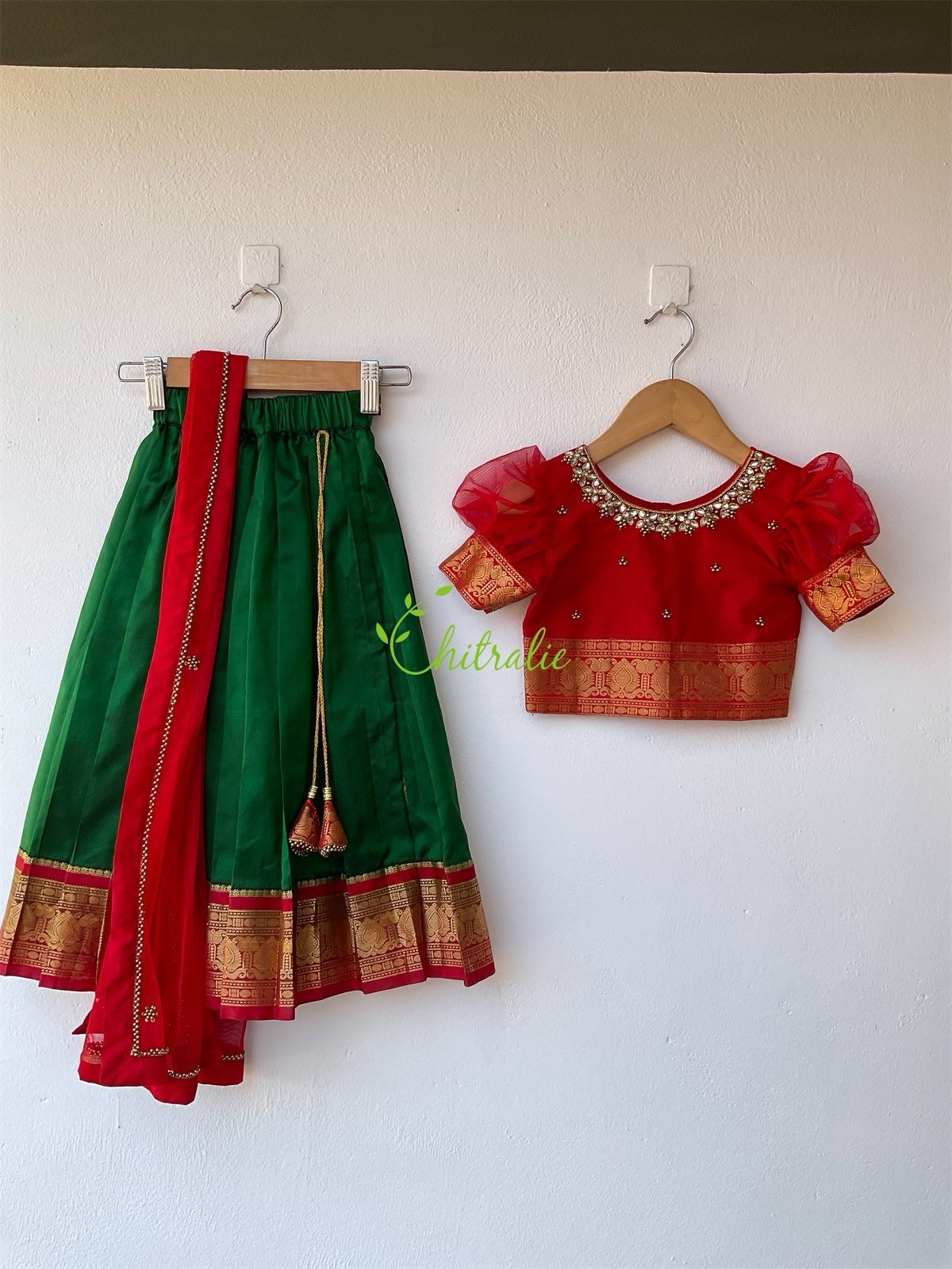 Red And Green Kanchipuram Pattu Pavadai For Festivals Etsy