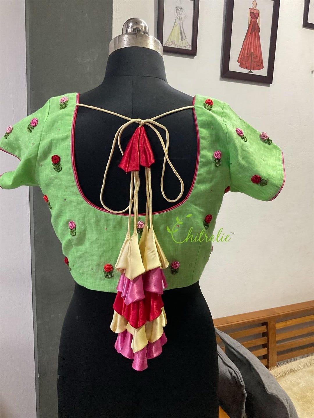 Mint Green Floral Design Cotton Blouse With Multy Color Tassels - Etsy