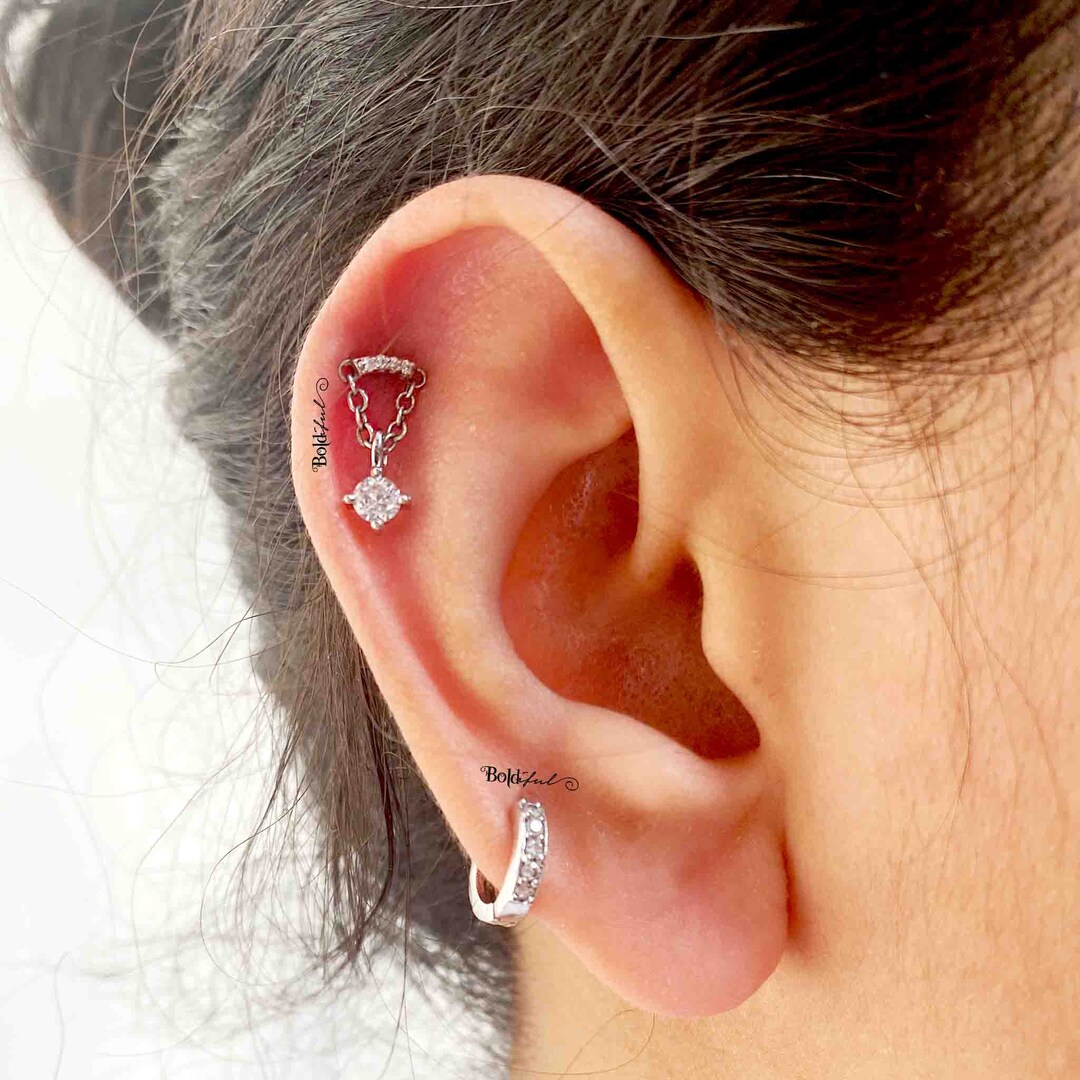 Helix Chain Earring |flat Back Stud|cartilage Rook Piercing Jewellery ...