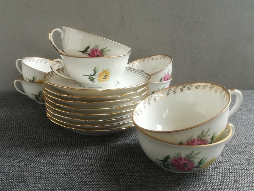 Set of 8 French Tea Cups & Saucers, White Porcelain With Gold and ...