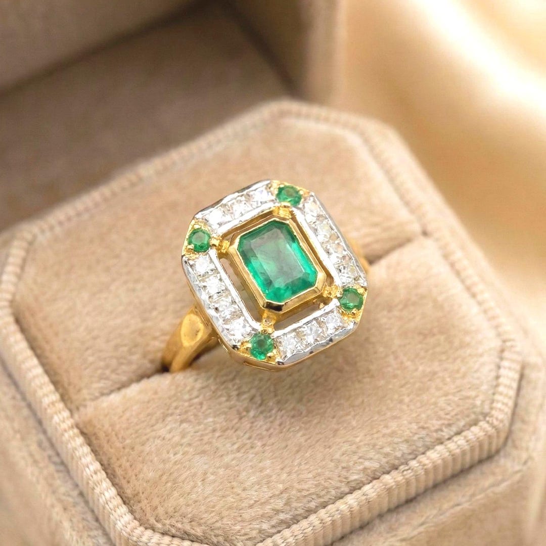 Natural Octagon Emerald Ring: 1.20ct Untreated Bezel Halo, Vintage ...