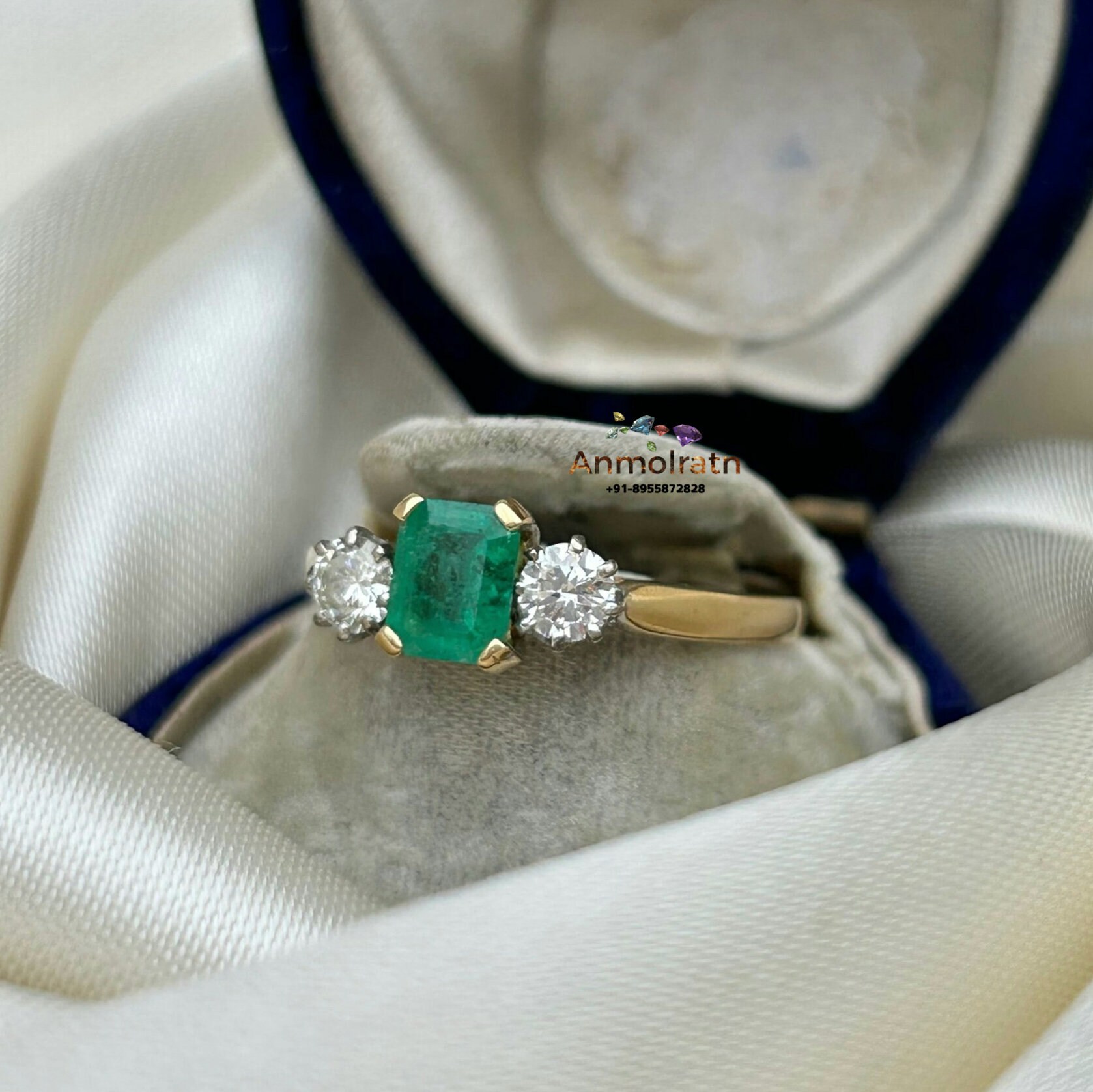 Vintage Emerald Ring With Diamond, 14k Gold Emerald Octagon Stacking Ring, Dainty Emerald Ring ...