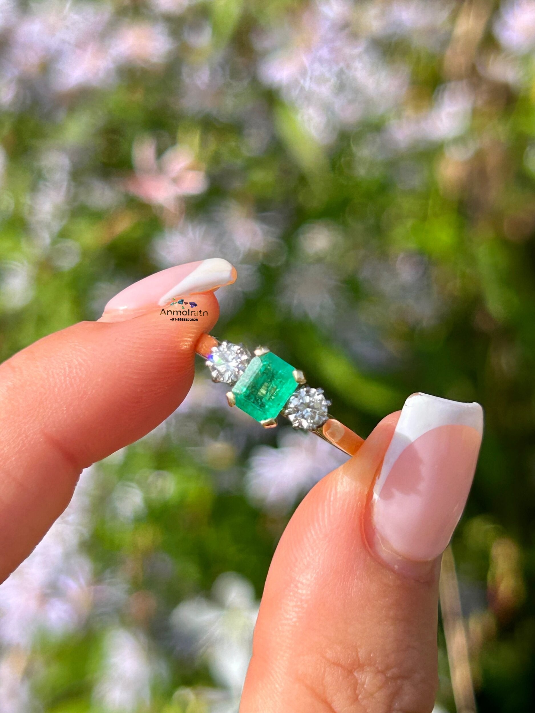 Vintage Emerald Ring With Diamond, 14k Gold Emerald Octagon Stacking ...