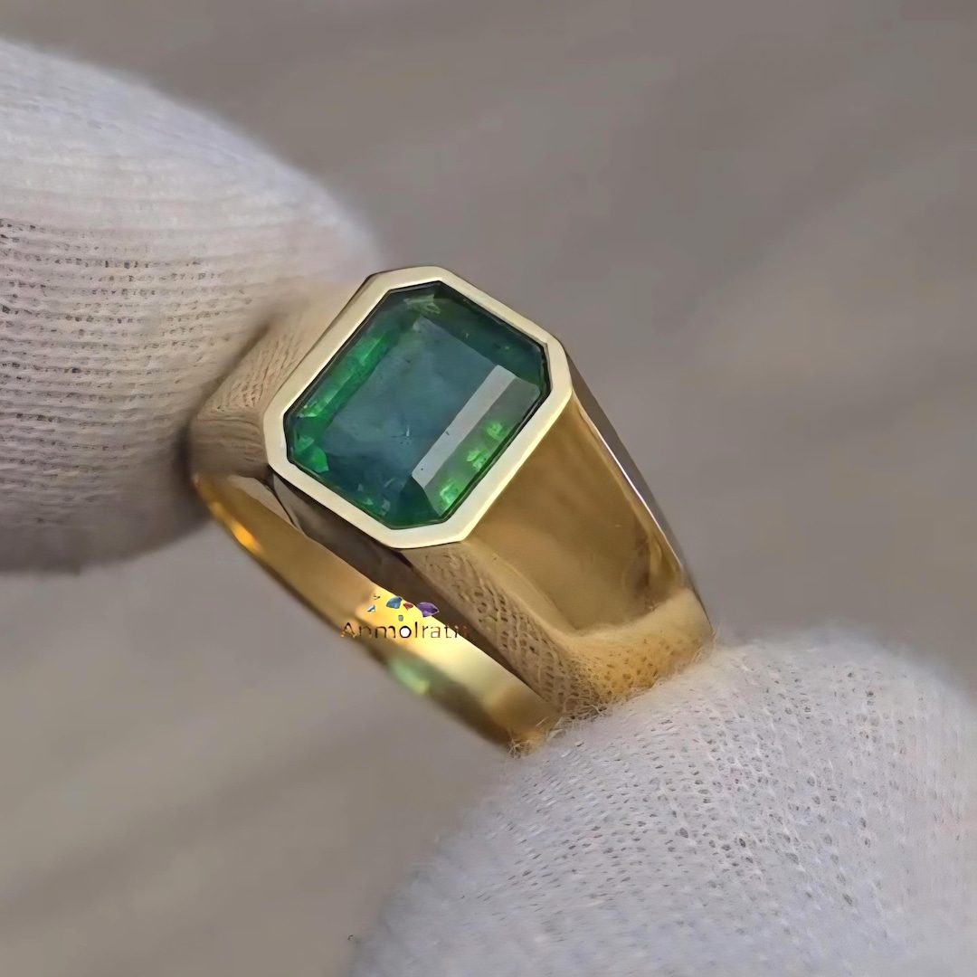 Natural Emerald Signet Ring, Octagon Solitaire Flush Set Gypsy Band ...