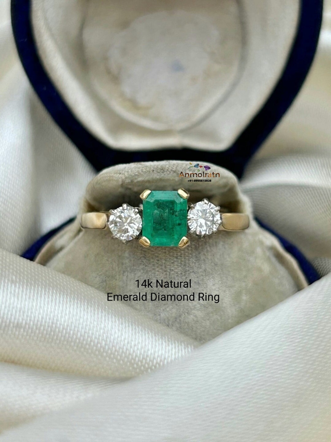 Vintage Emerald Ring With Diamond, 14k Gold Emerald Octagon Stacking Ring, Dainty Emerald Ring ...