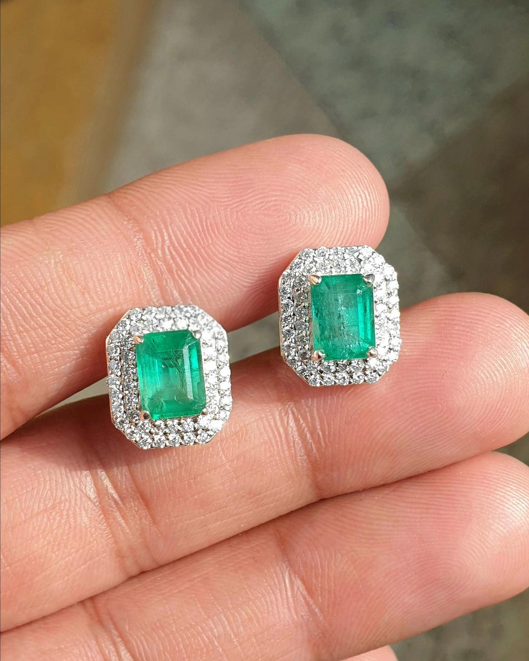 Natural Emerald Stud Earrings: 14k Green Octagon, Double Halo ...