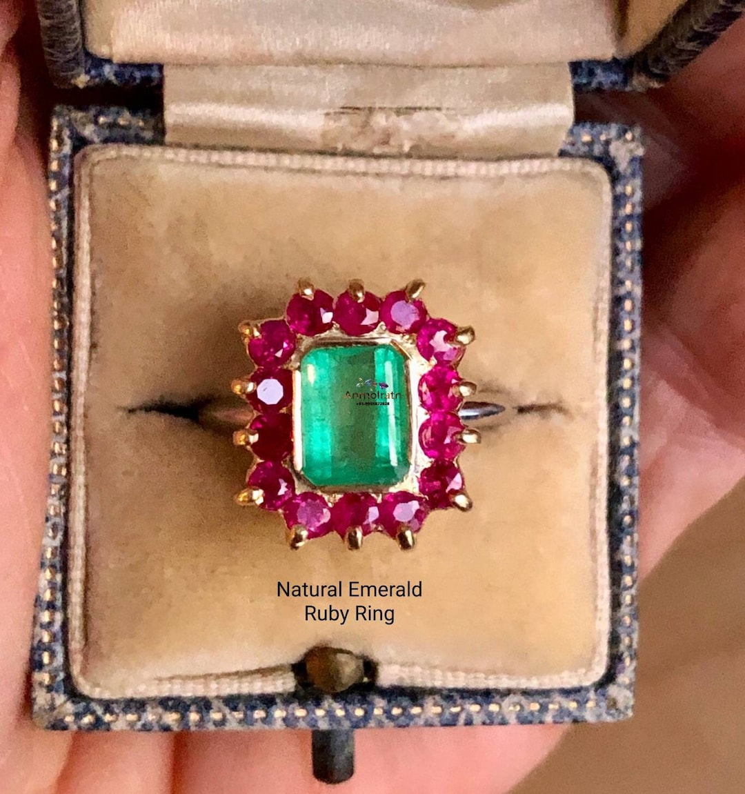 Vintage 3.50 Carat Emerald Ruby Ring for Women, Genuine Emerald Gold Ring Gift for Her, Real ...