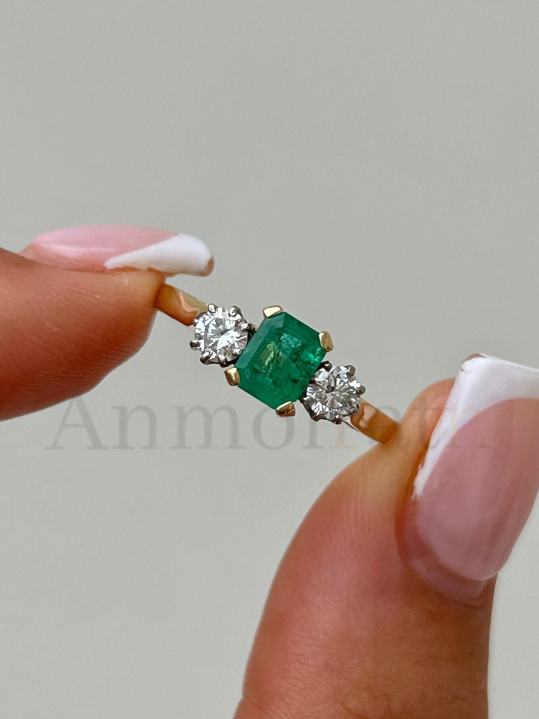 Vintage Emerald Ring With Diamond, 14k Gold Emerald Octagon Stacking Ring, Dainty Emerald Ring ...