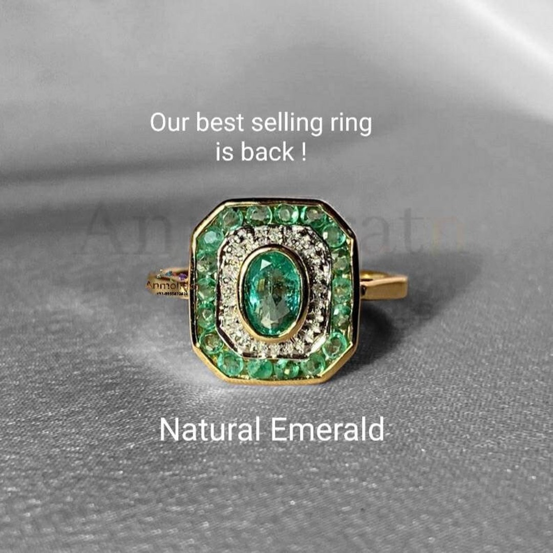 14k Natural Emerald Target Ring, Engagement Cluster Ring for Women ...
