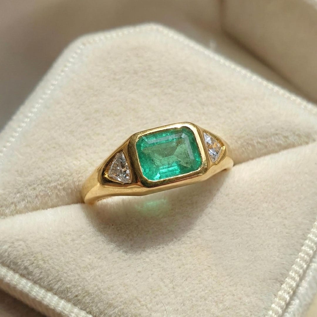 Natural Emerald Signet Ring, Untreated East West Octagon, Flush Set 14k ...