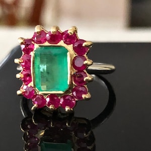 Vintage 3.50 Carat Emerald Ruby Ring for Women, Genuine Emerald Gold Ring Gift for Her, Real ...