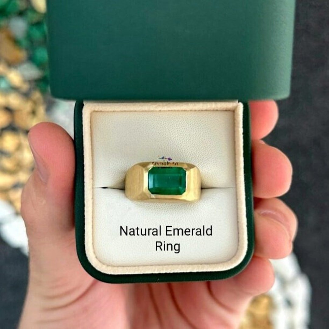 3.55ct Emerald Cut Solitaire Men's Gypsy Ring, Emerald Octagon Bezel ...