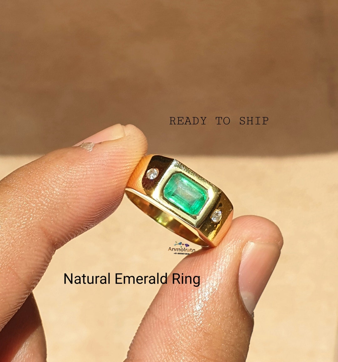Emerald Cut Gold Ring: Natural Emerald, Diamond Accent, 14k Signet - Etsy