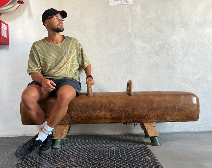 Vaulting Box Wooden Leather Bench - Brown Leather Original - Vintage ...