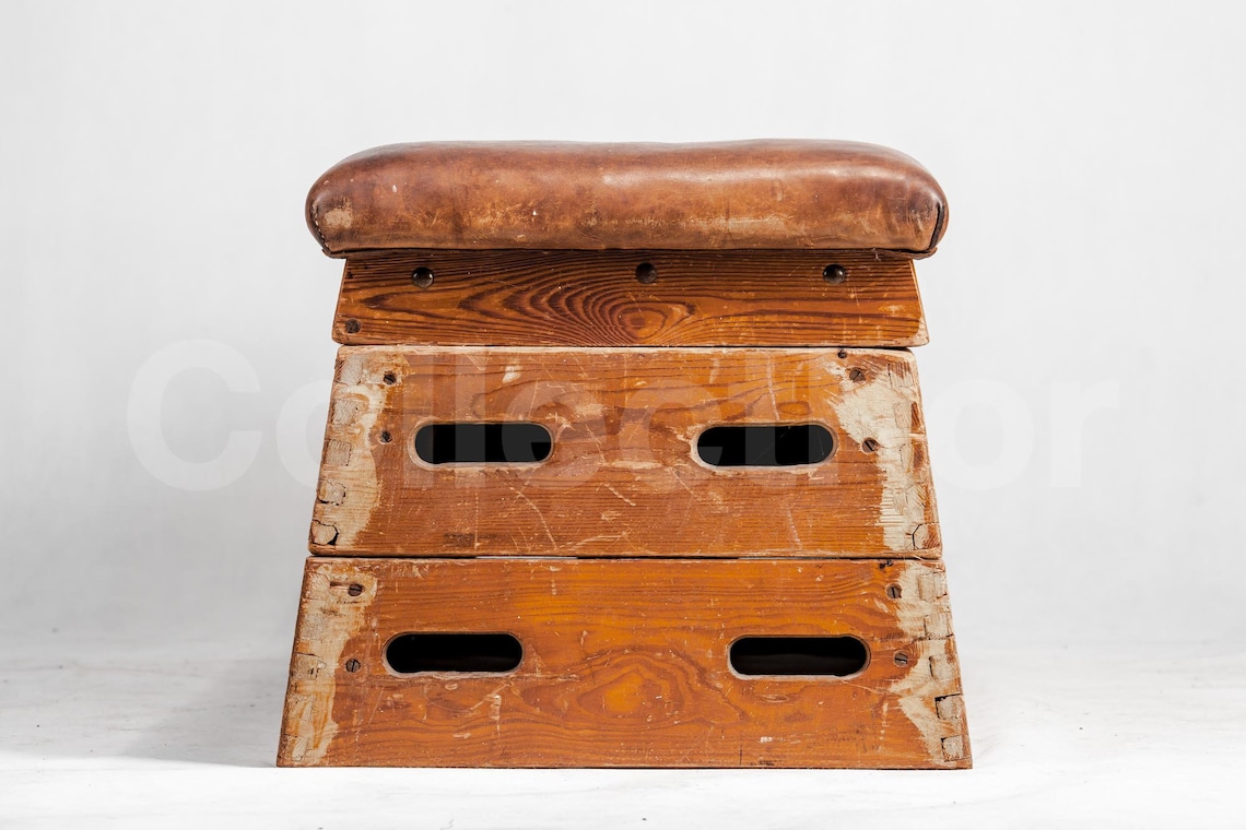 Vaulting Box Wooden Leather Bench - Brown Leather Original - Vintage ...