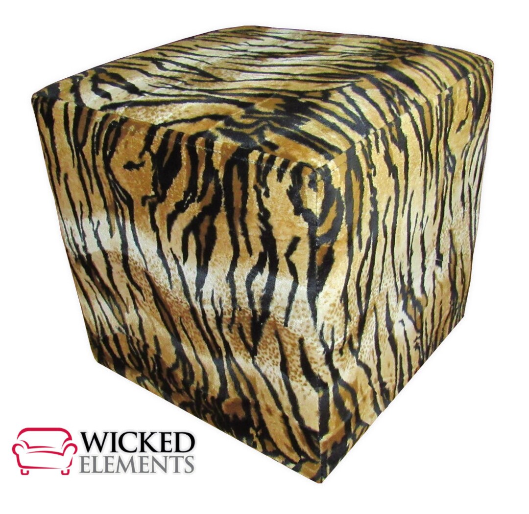 Tiger Ottoman, Tiger Print Fabric Ottoman, Cube Shaped Animal Print ...