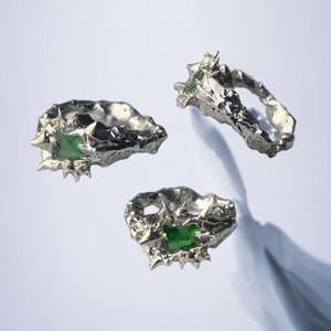 Spiky Liquid Metal Ring With a Green Stone | Soft Soldering Y2k Grunge ...