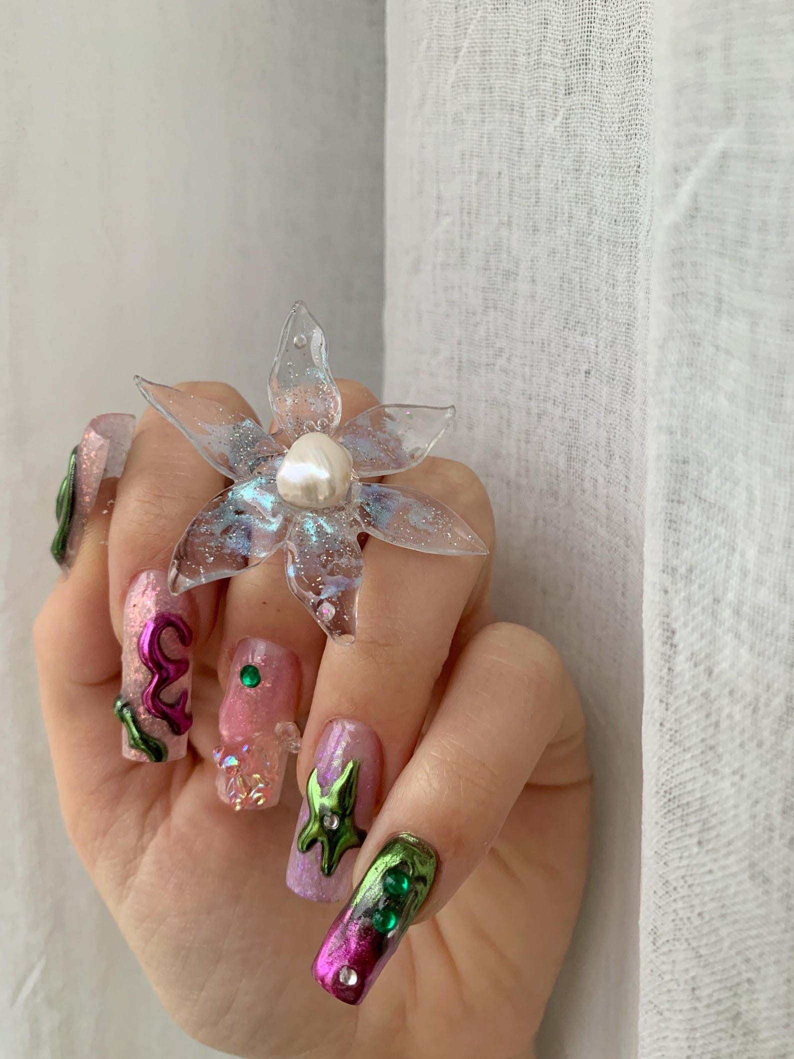 Transparent Lunar Flower Ring With Baroque Pearl | Small Floral Epoxy ...