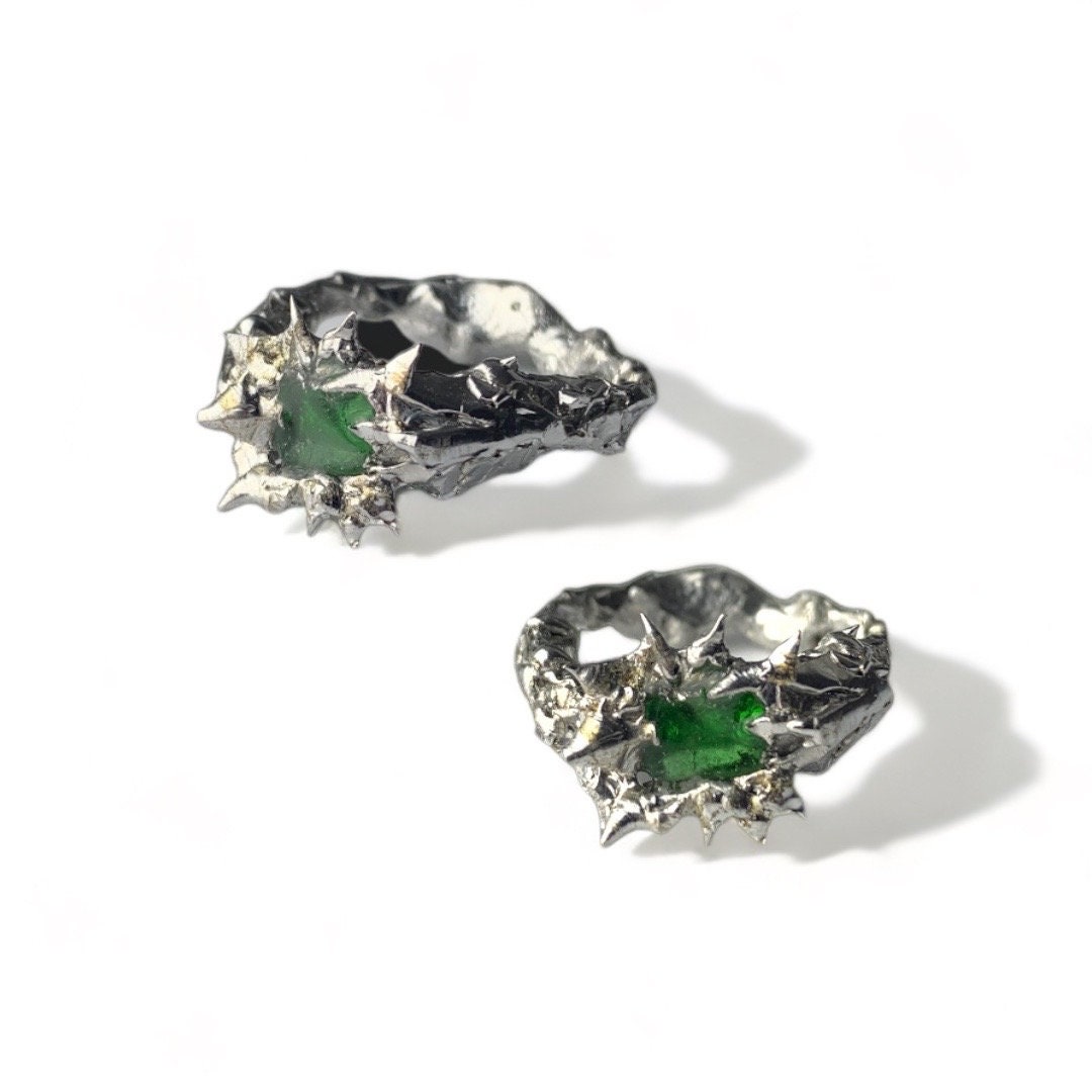 Spiky Liquid Metal Ring With a Green Stone | Soft Soldering Y2k Grunge ...
