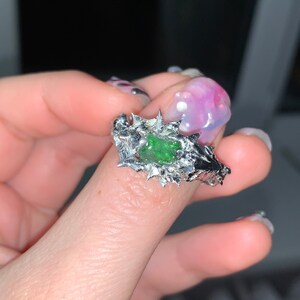 Spiky Liquid Metal Ring With a Green Stone | Soft Soldering Y2k Grunge ...