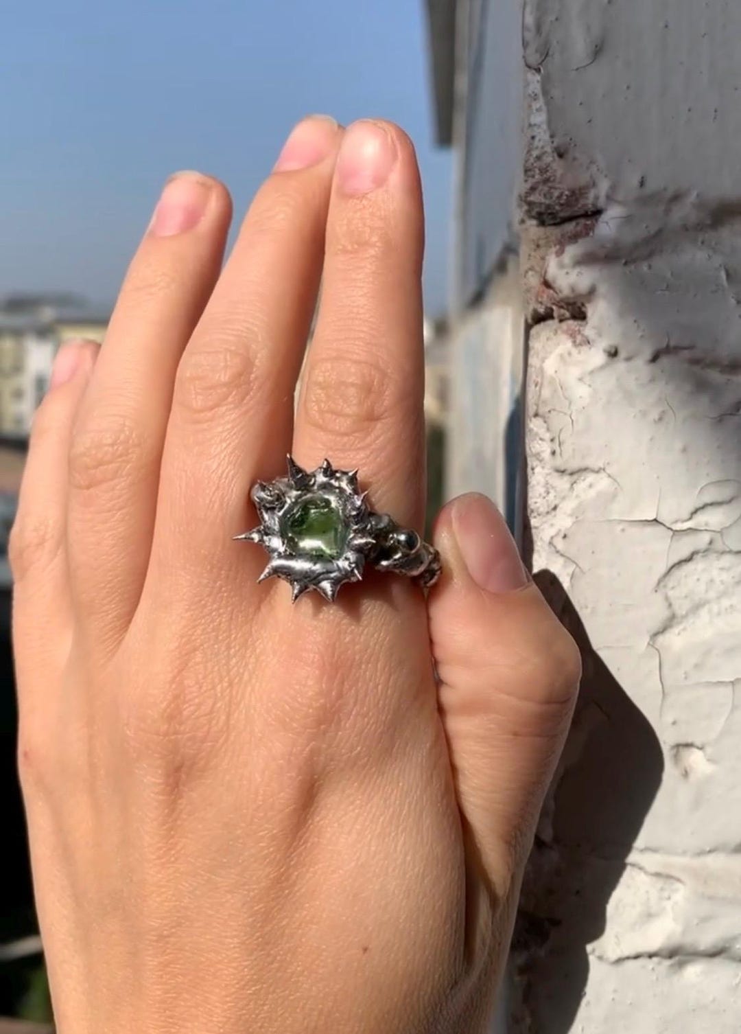 Spiky Liquid Metal Ring With a Green Stone | Soft Soldering Y2k Grunge ...