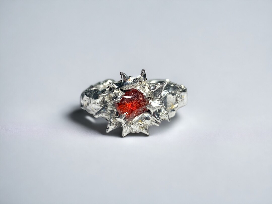 Spiky Liquid Metal Ring With a Red Stone | Soft Solder Gothic Grunge ...