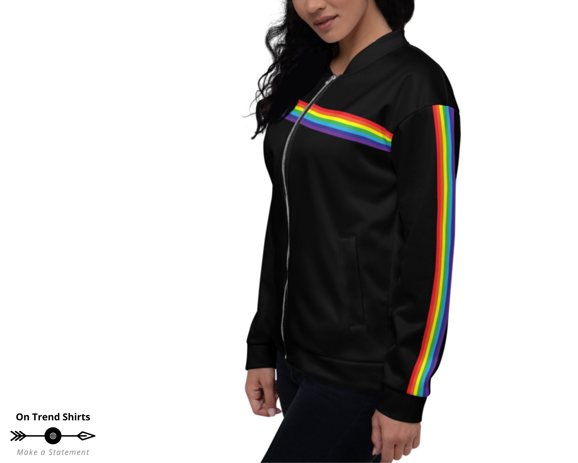 Rainbow Flag Jacket, Trendy Retro Style Black Rainbow Stripe Jacket ...