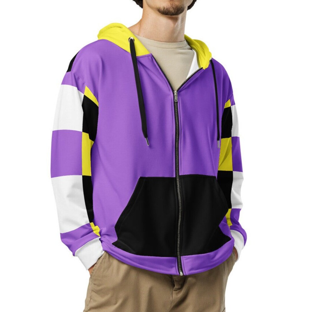 Nonbinary Checkered Color Block Full Zip up Hoodie, Trendy Non Binary ...