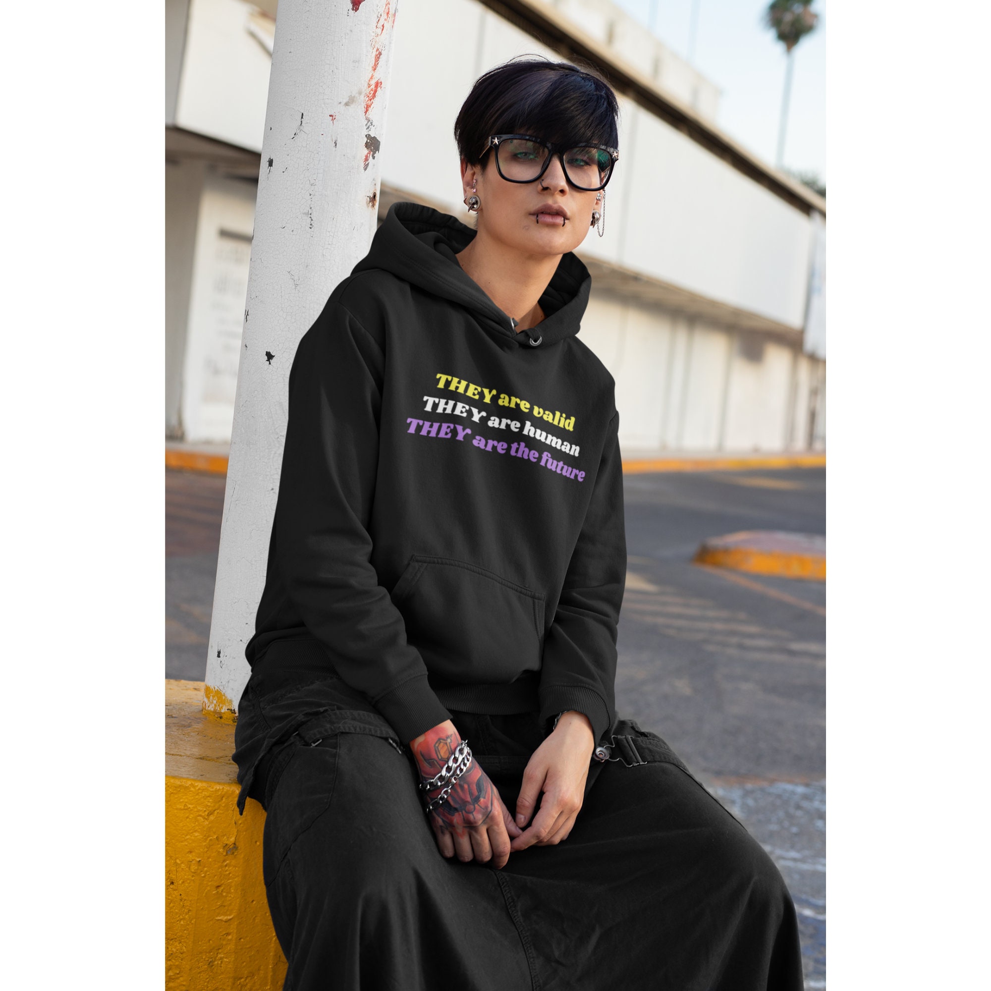 Non Binary Pride Hoodie, Nonbinary Flag Color Pronoun Sweatshirt ...
