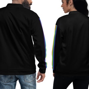 Rainbow Flag Jacket, Trendy Retro Style Black Rainbow Stripe Jacket ...